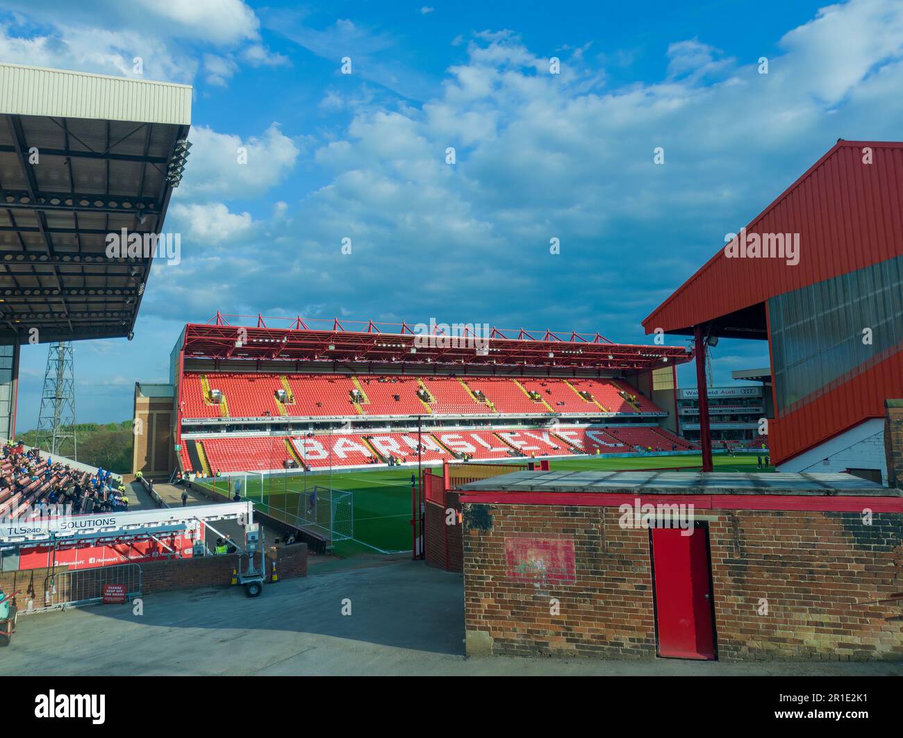 Blue skies over the Oakwell Stadium, home of Barnsley Football Club in ...