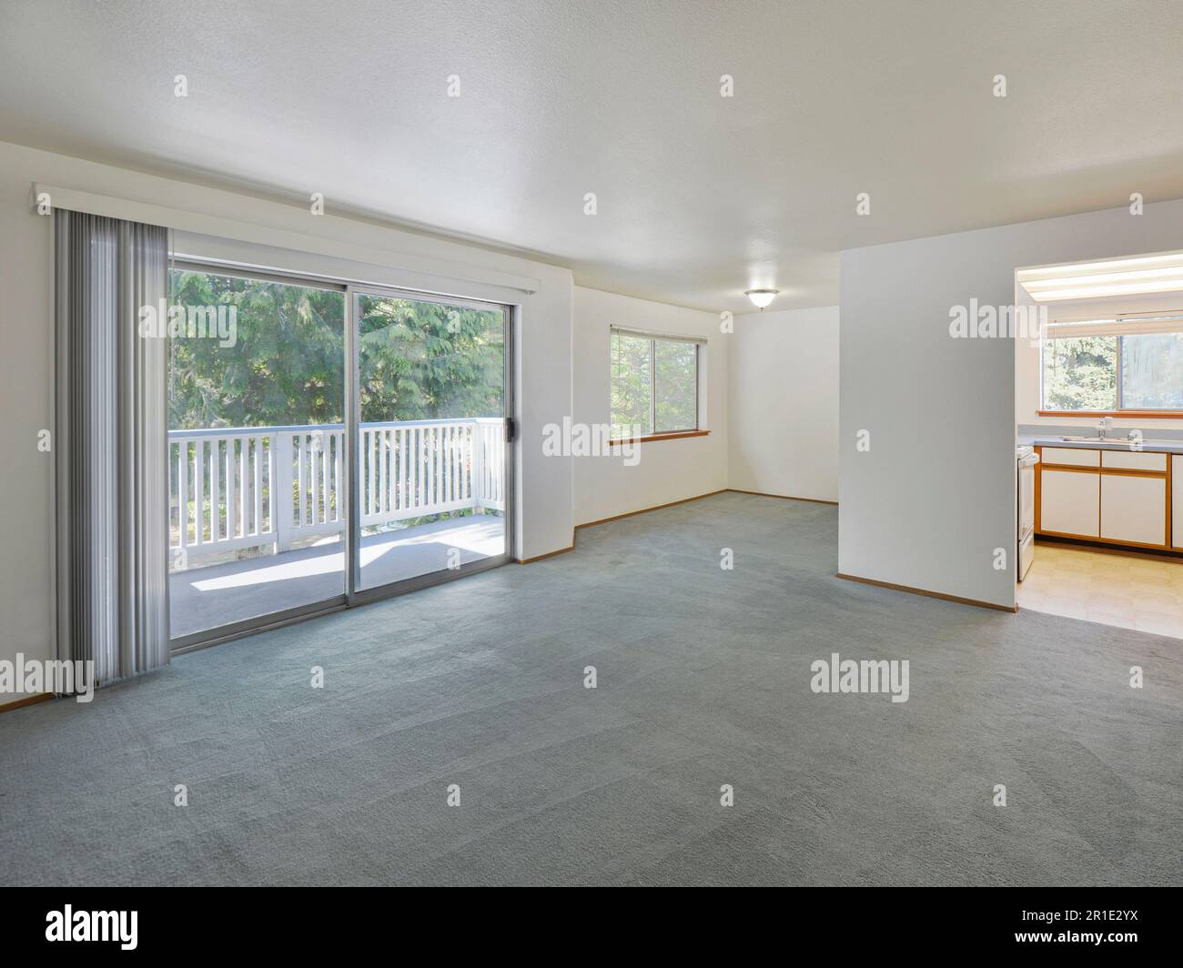 Modern residential empty living room, dining room and kitchen interior ...