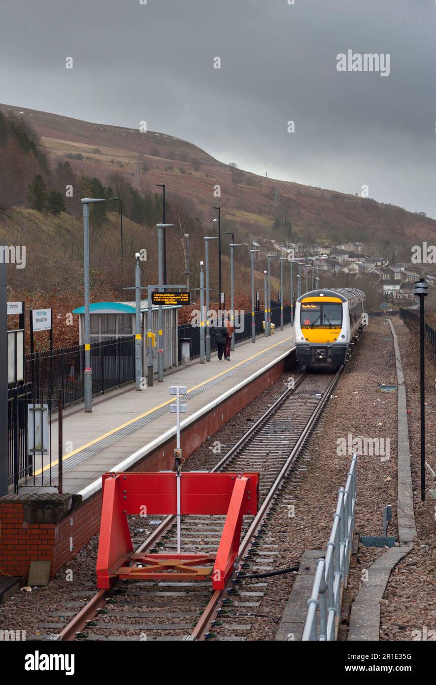 Ebbw Vale Town railway station. Transport For Wales class 170 Turbostar ...
