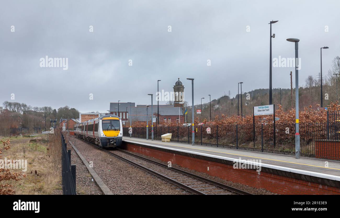 Ebbw Vale Town railway station. Transport For Wales class 170 Turbostar ...