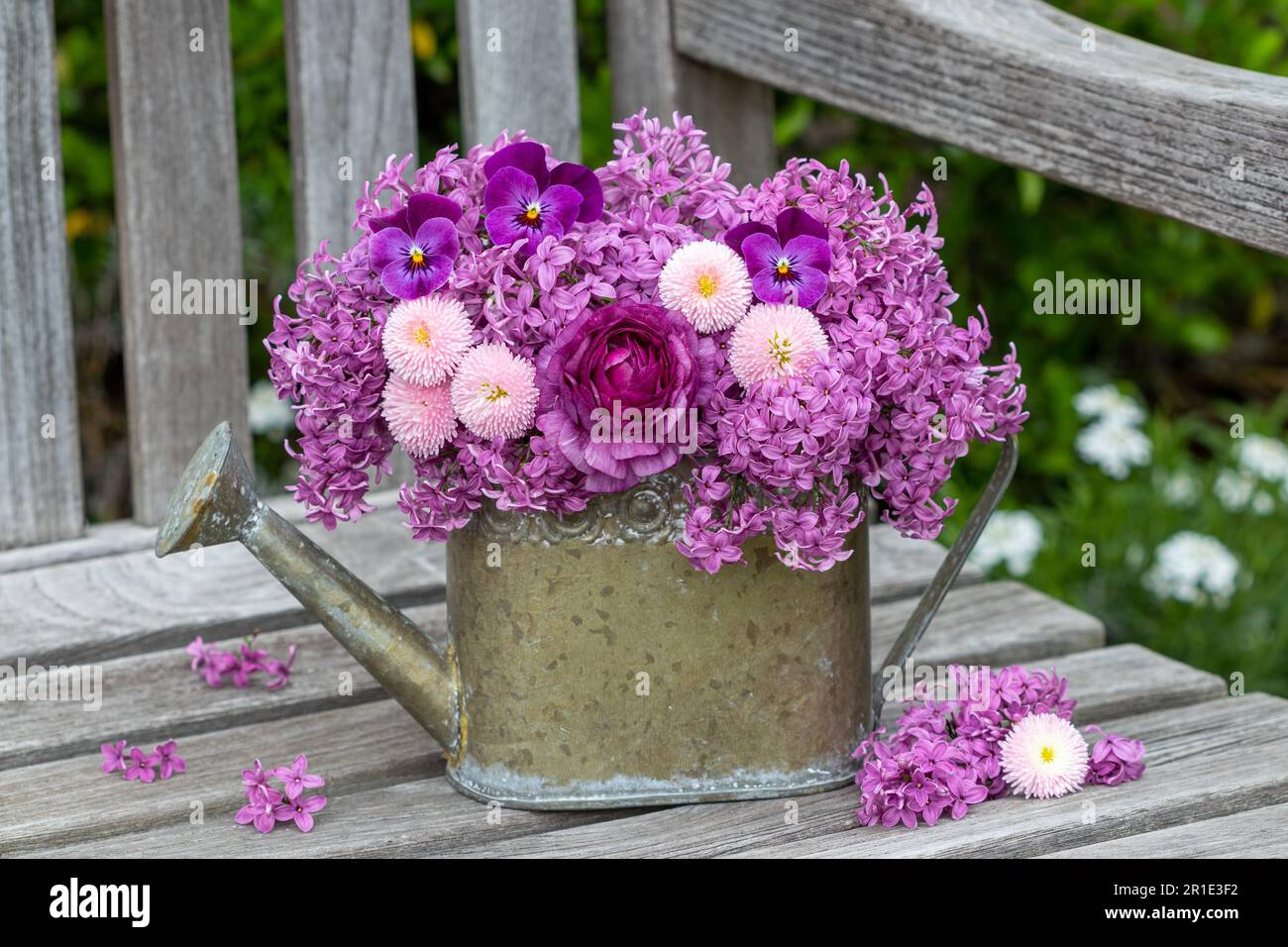 bouquet of purple ranunculus, luilac, bellis and viola flower in ...