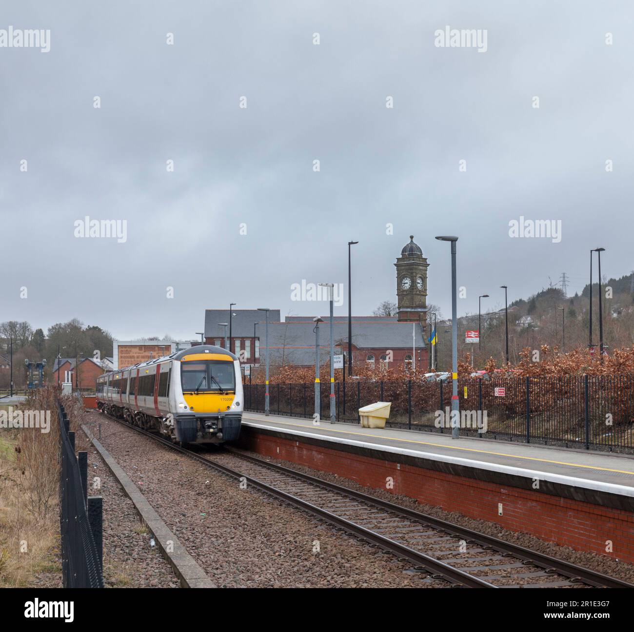 Ebbw Vale Town railway station. Transport For Wales class 170 Turbostar ...