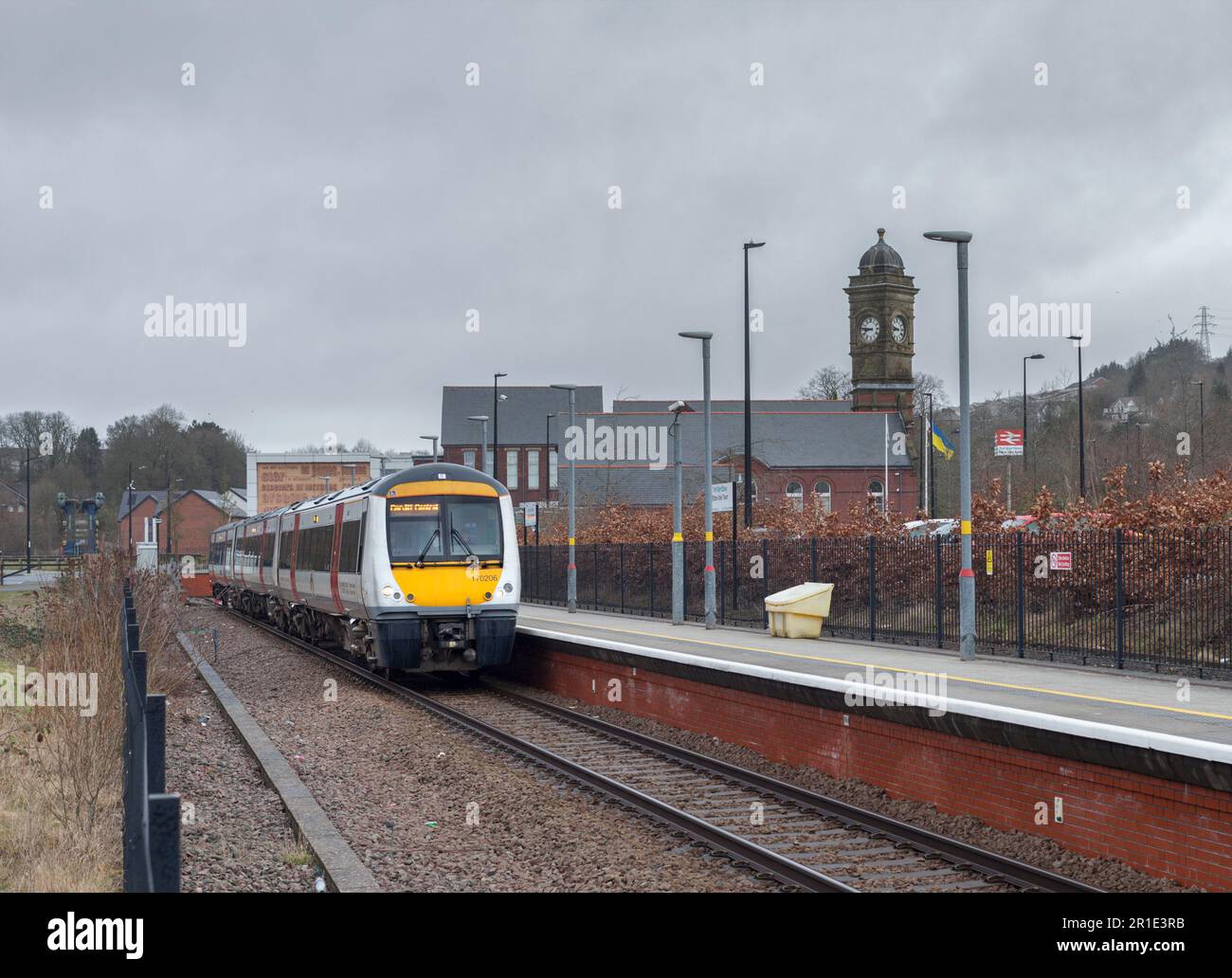 Ebbw Vale Town railway station. Transport For Wales class 170 Turbostar train 170206 waiting to ...