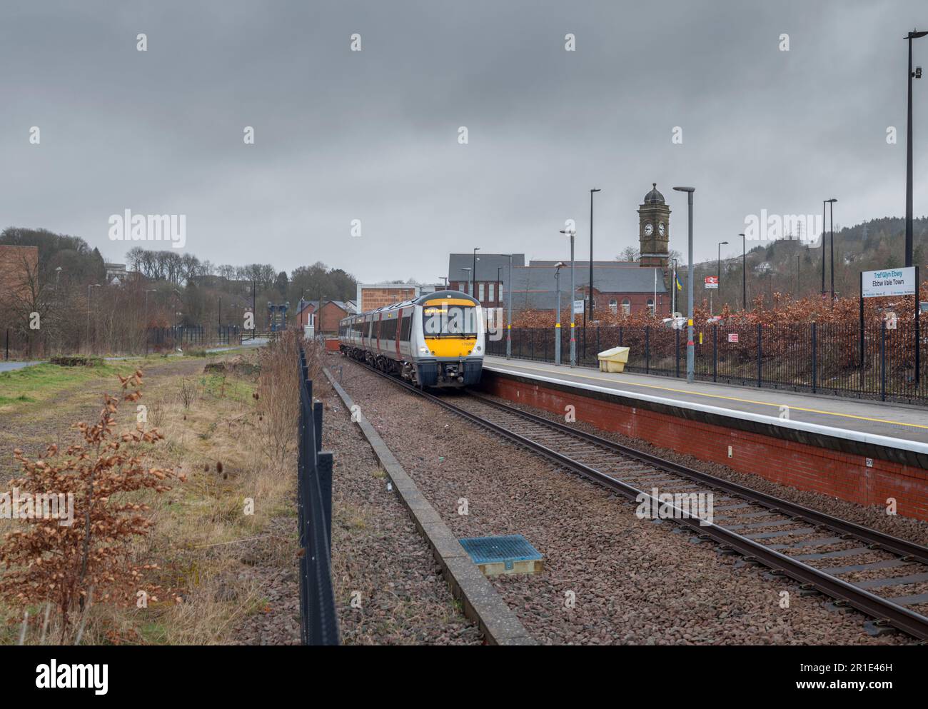 Ebbw Vale Town railway station. Transport For Wales class 170 Turbostar train 170206 waiting to ...