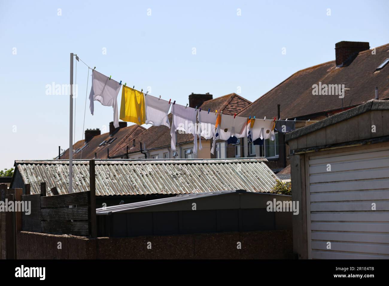 Washing pictured on the line in a garden in Gosport, Hampshire, UK ...