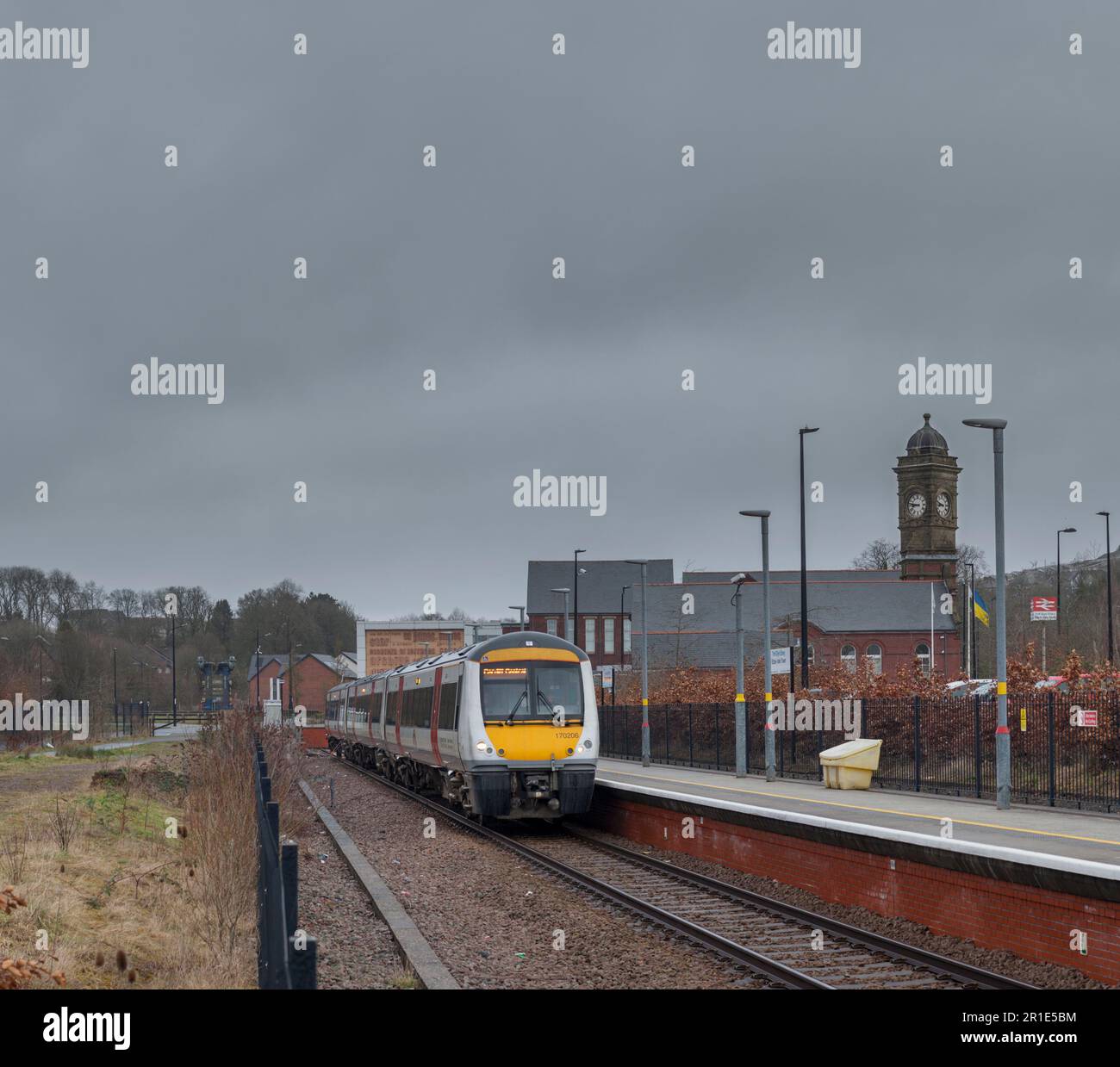 Ebbw Vale Town railway station. Transport For Wales class 170 Turbostar train 170206 waiting to ...