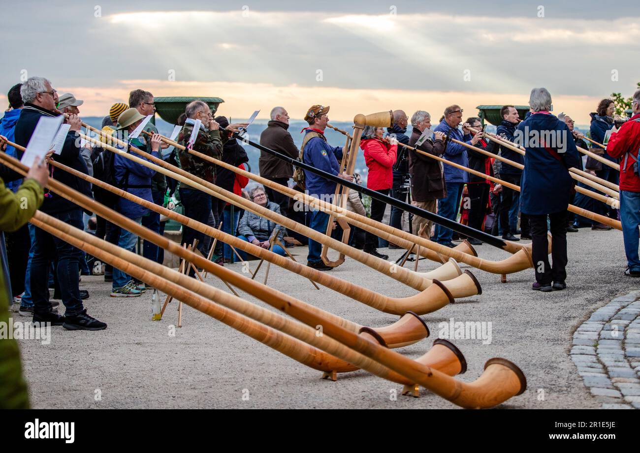 Stuttgart, Germany. 13th May, 2023. Alphorn players from all over ...