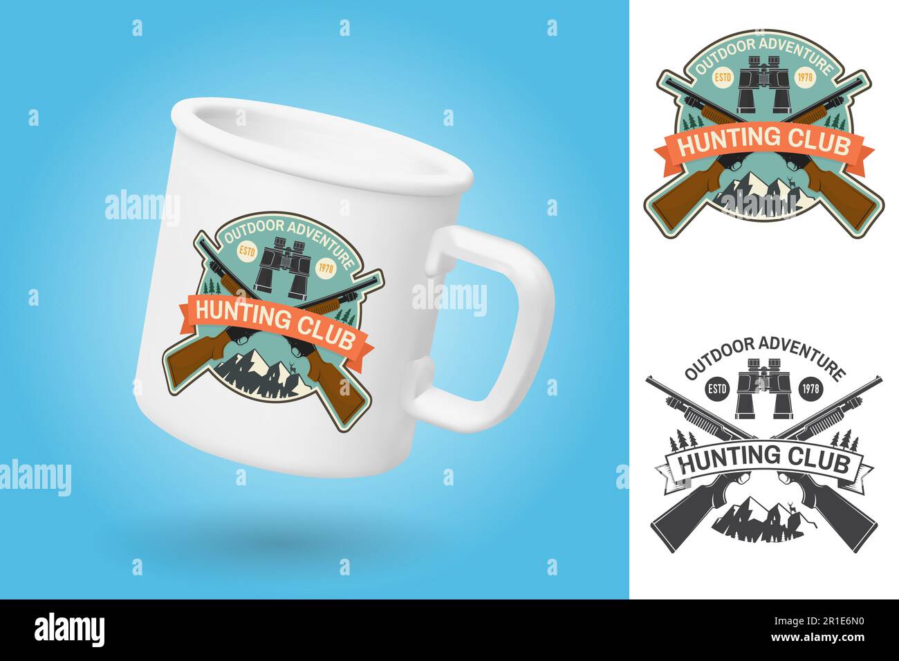 White camping cup. Realistic mug mockup template with sample design ...