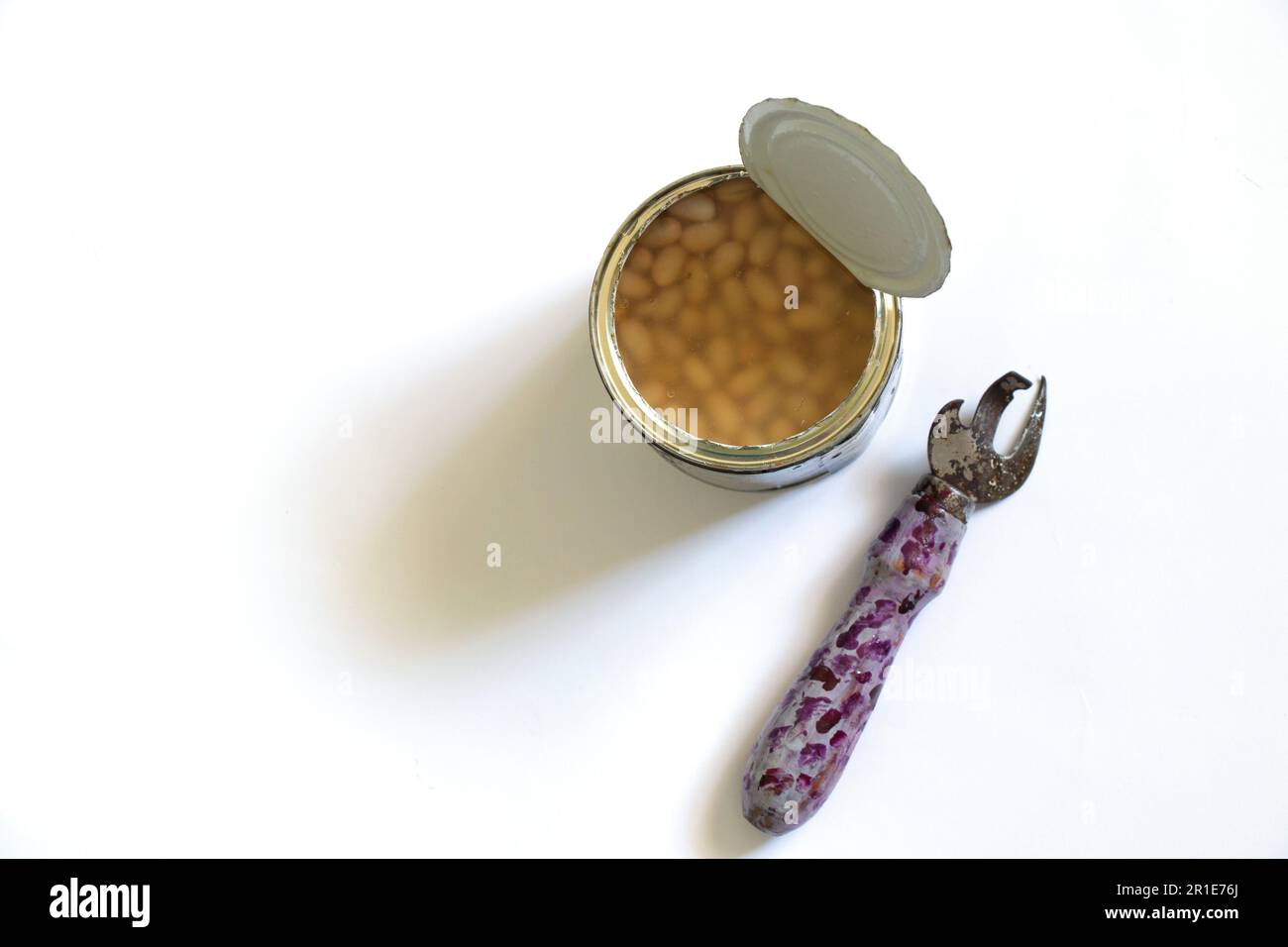 open can with canned beans on white top view close up Stock Photo - Alamy