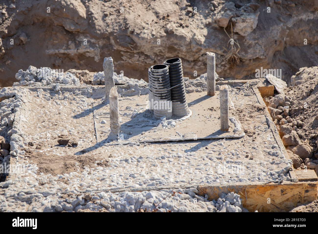 pour concrete foundation with cable under the pillar dries Stock Photo ...
