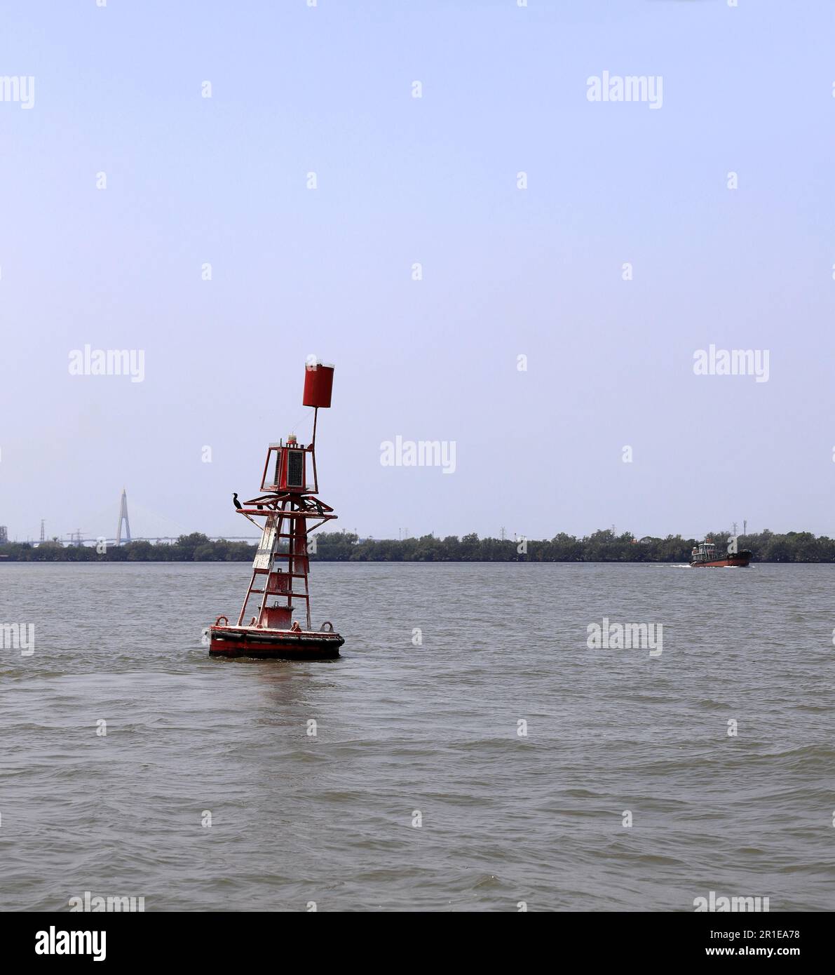 a red buoy floating in the Estuary near a harbor Stock Photo - Alamy