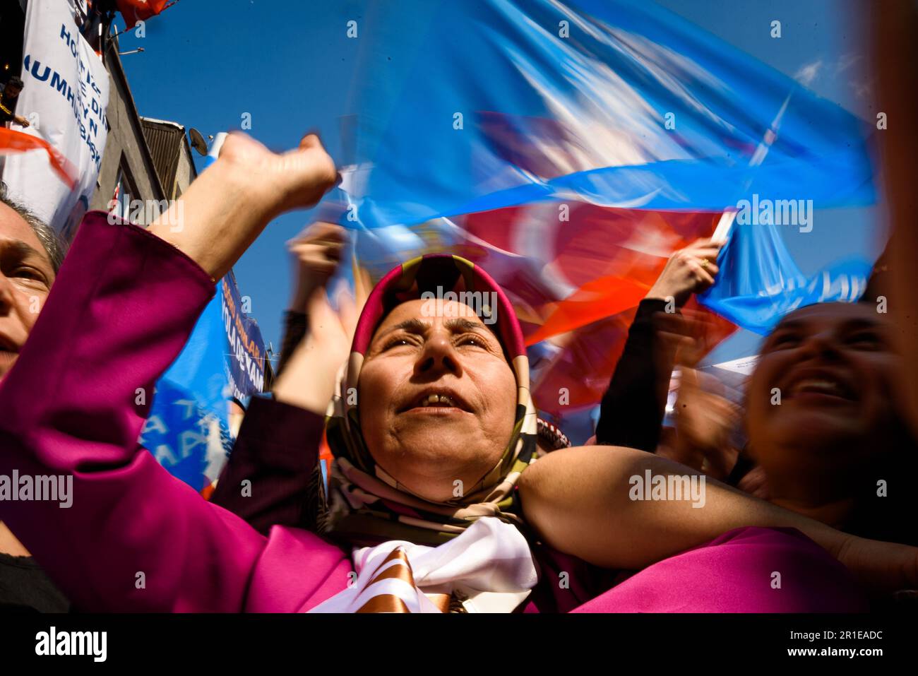 Istanbul, Turkey - 13 May 2023: A woman cheering and dancing in support ...