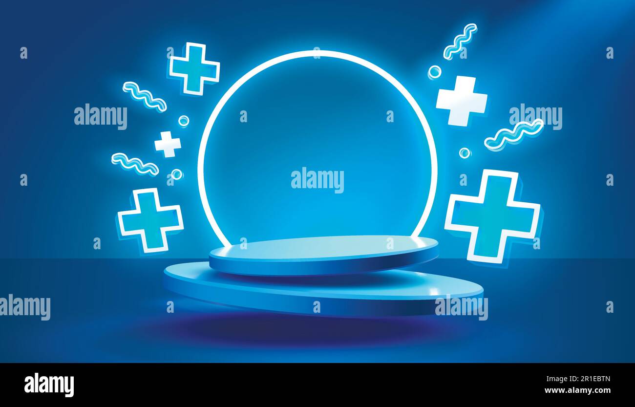 Plus sign icon, scene mega sale, shopping podium banner, neon night ...