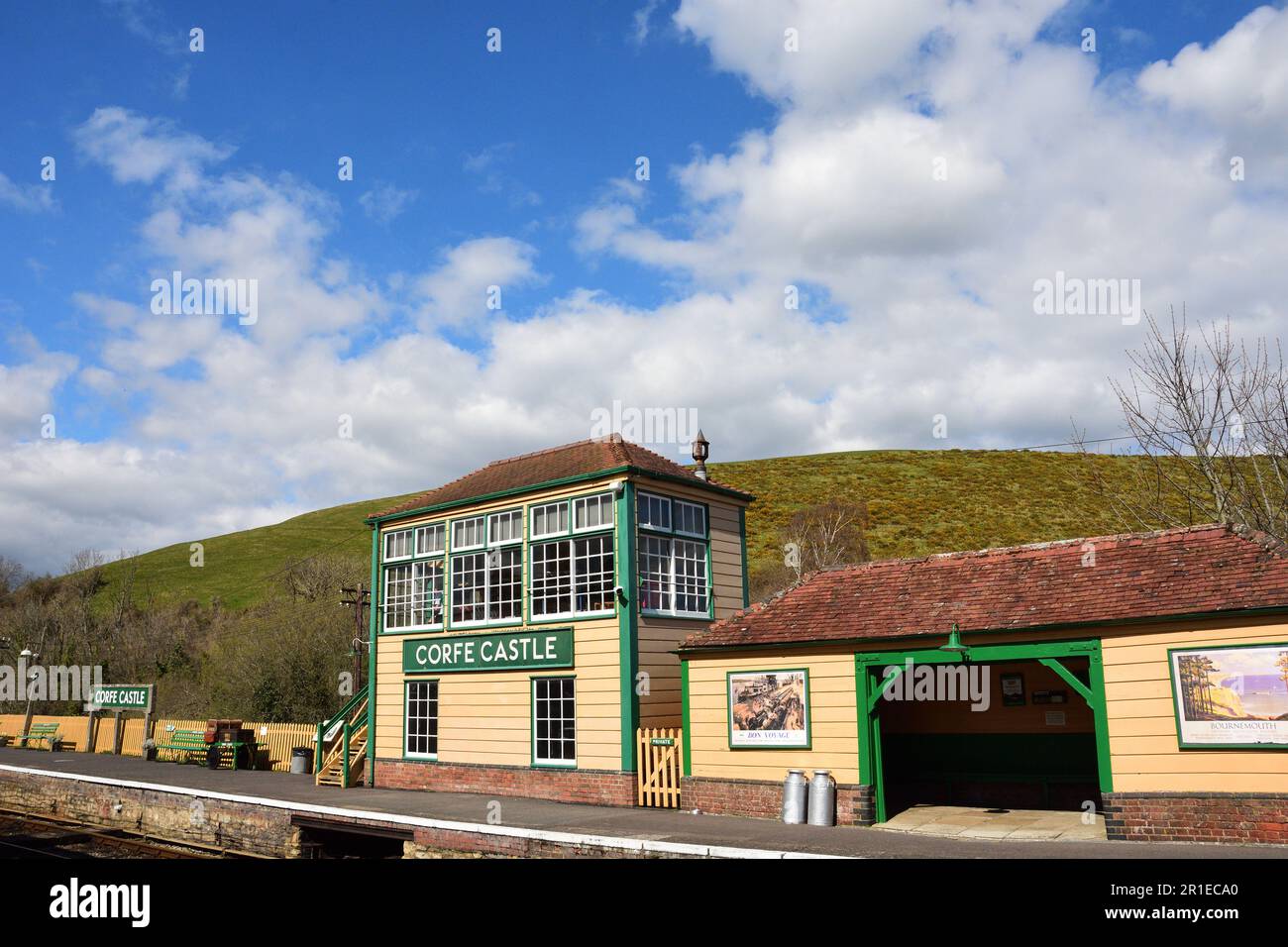 Corfe Castle railway station signal box in the summer sunshine Stock ...