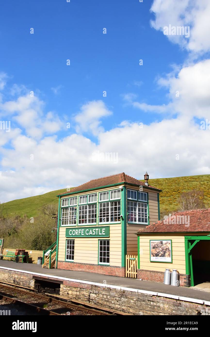 Corfe Castle railway station signal box in the summer sunshine Stock ...