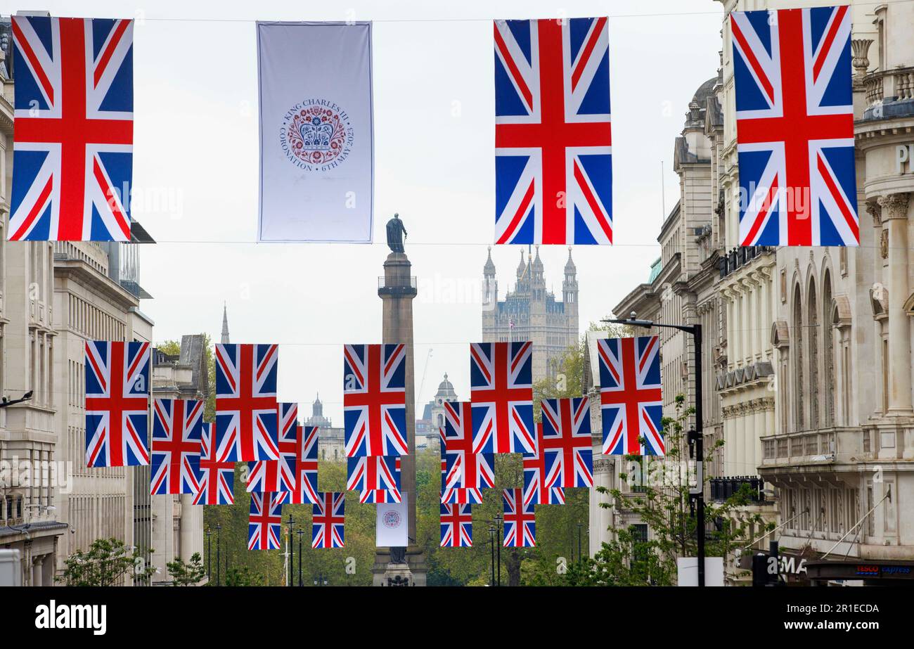 Union Jack flags fly in Lower Regent Street to celebrate the Coronation ...