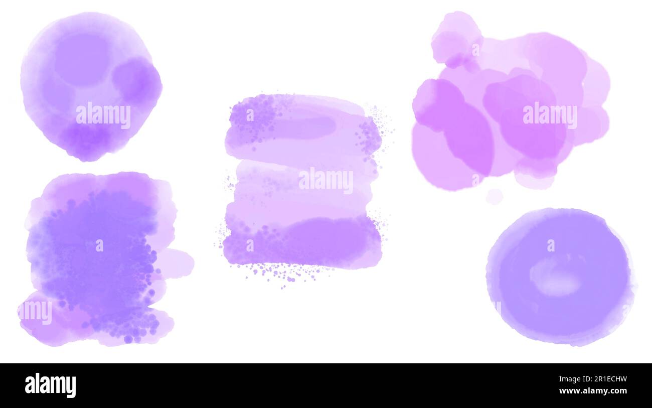A set of watercolor colored spots. Purple water spots on a white ...