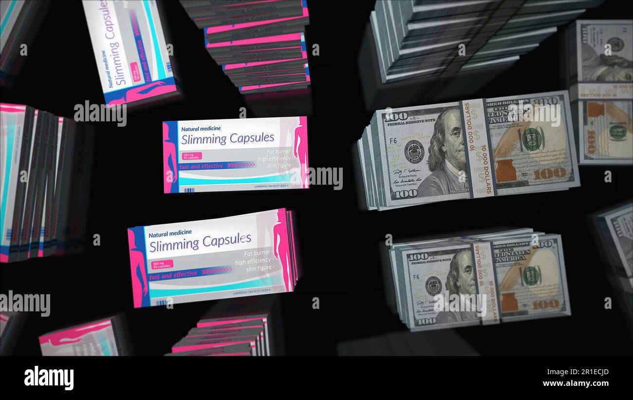Slimming capsules box with US Dollar money bundle stacks. Weight fat ...