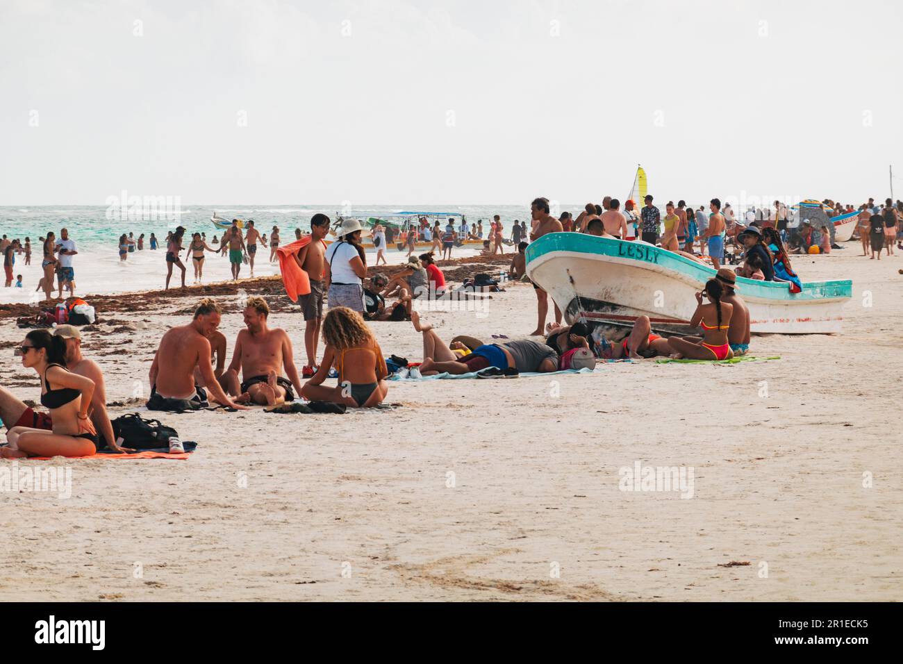 tourists and seaweed cover the beach in Tulum, Mexico. Sargassum algae ...