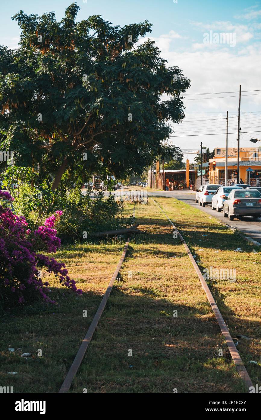 disused railway tracks on a street in Merida, Mexico. The Yucatán ...