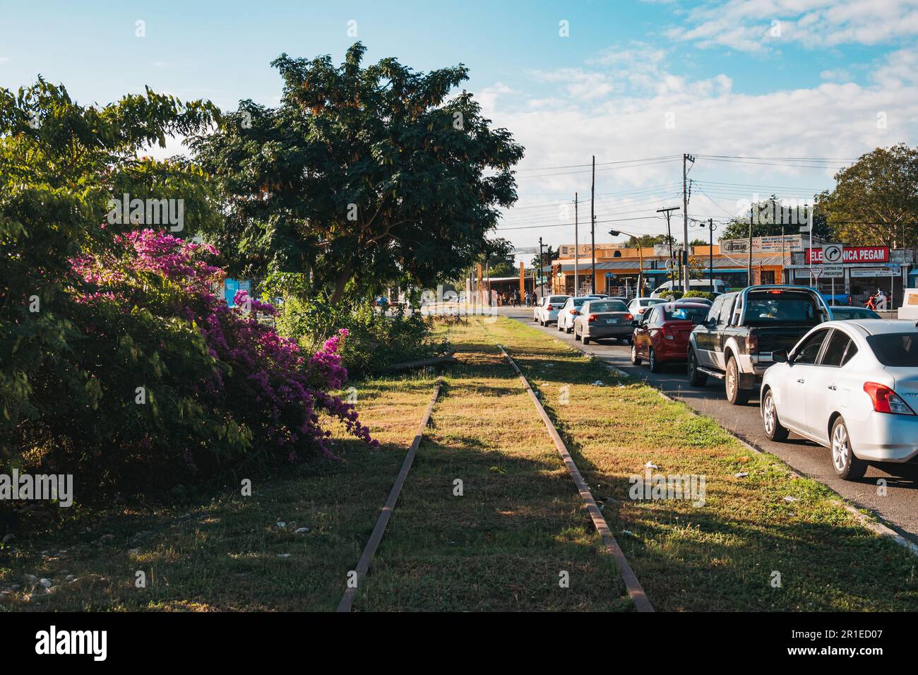 disused railway tracks on a street in Merida, Mexico. The Yucatán ...