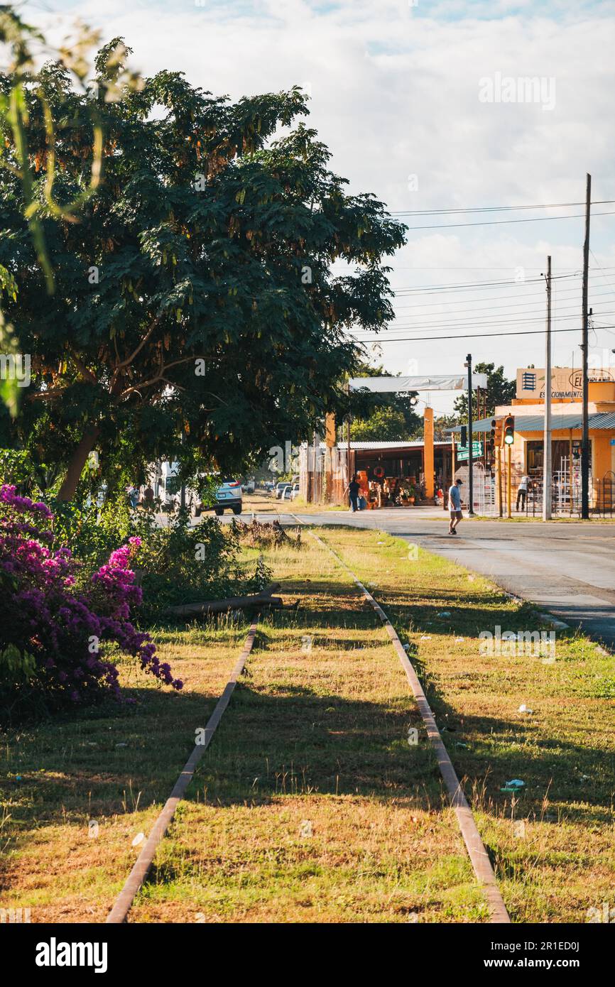 disused railway tracks on a street in Merida, Mexico. The Yucatán ...