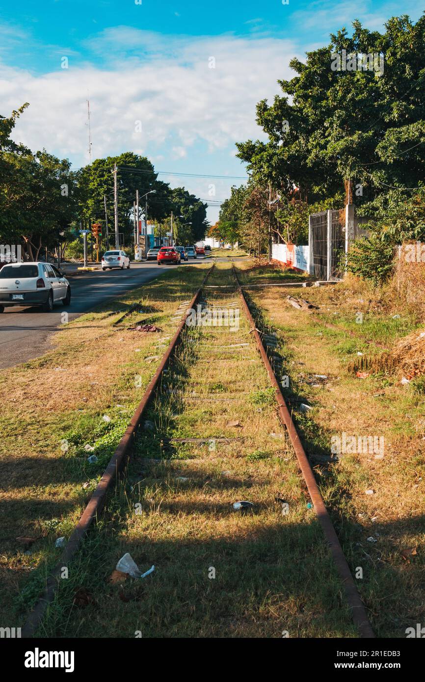 disused railway tracks on a street in Merida, Mexico. The Yucatán ...