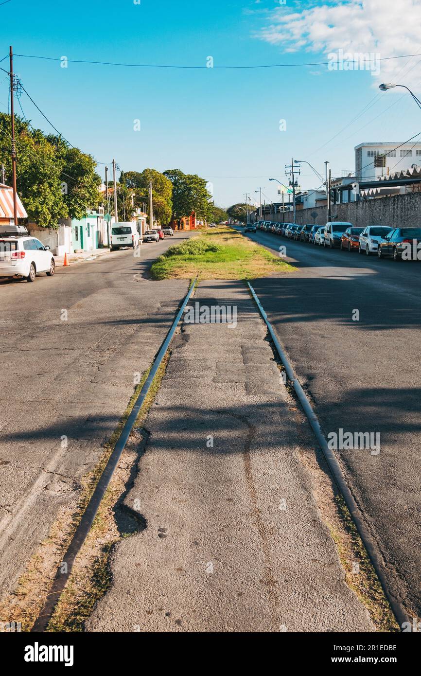 disused railway tracks on a street in Merida, Mexico. The Yucatán ...