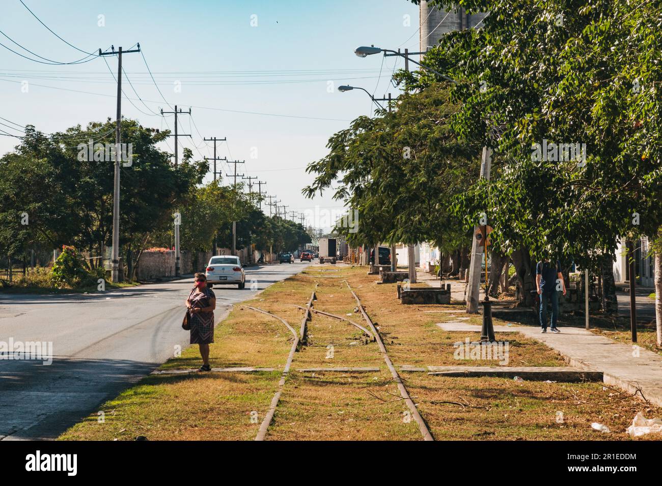 disused railway tracks on a street in Merida, Mexico. The Yucatán ...