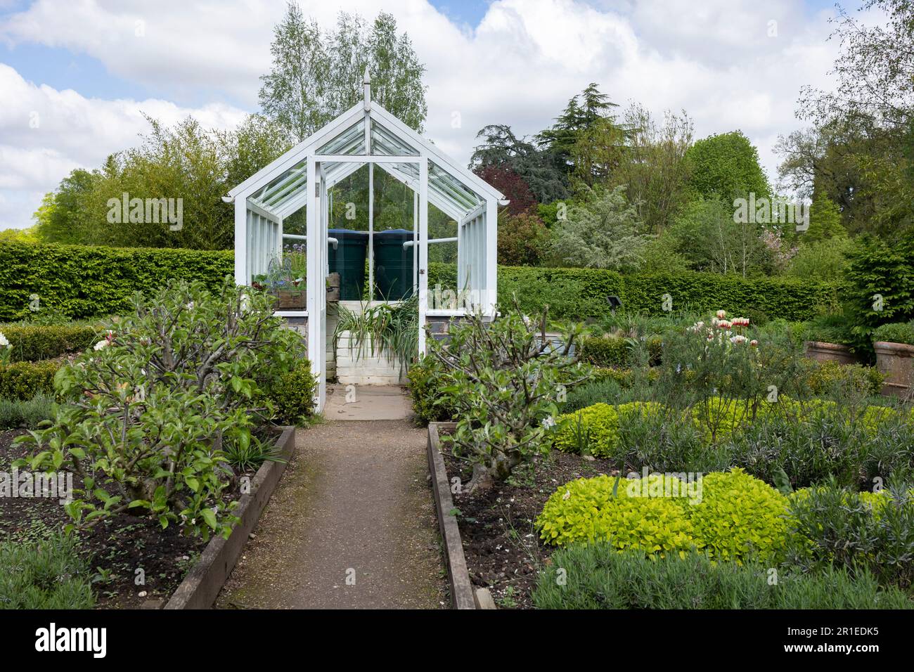 A garden plot with seedbeds and a glass greenhouse in the centre of ...