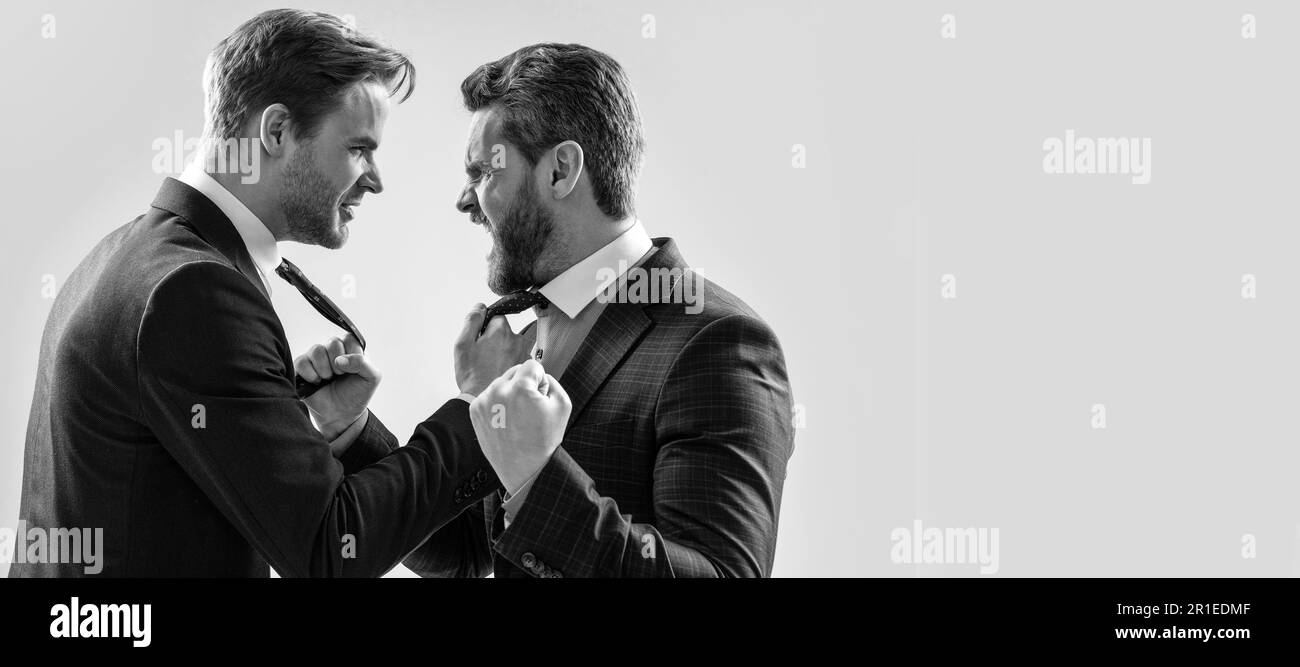 Man face portrait, banner with copy space. two angry businessmen ...