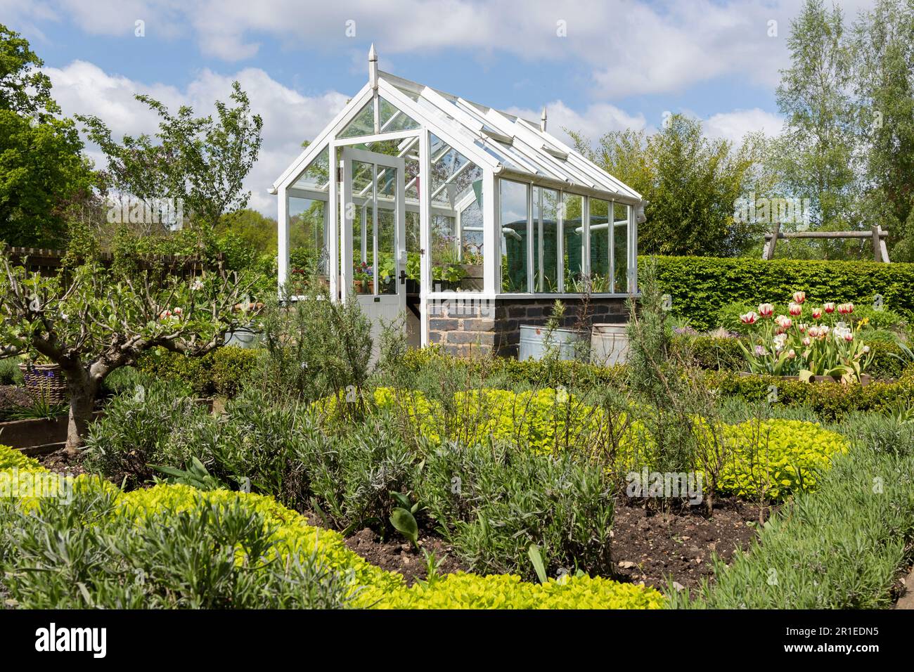 A garden plot with seedbeds and a glass greenhouse in the centre of ...