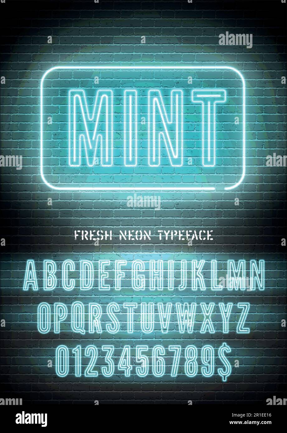 Mint sign and blue neon narrow bold font with numbers on vector dark ...