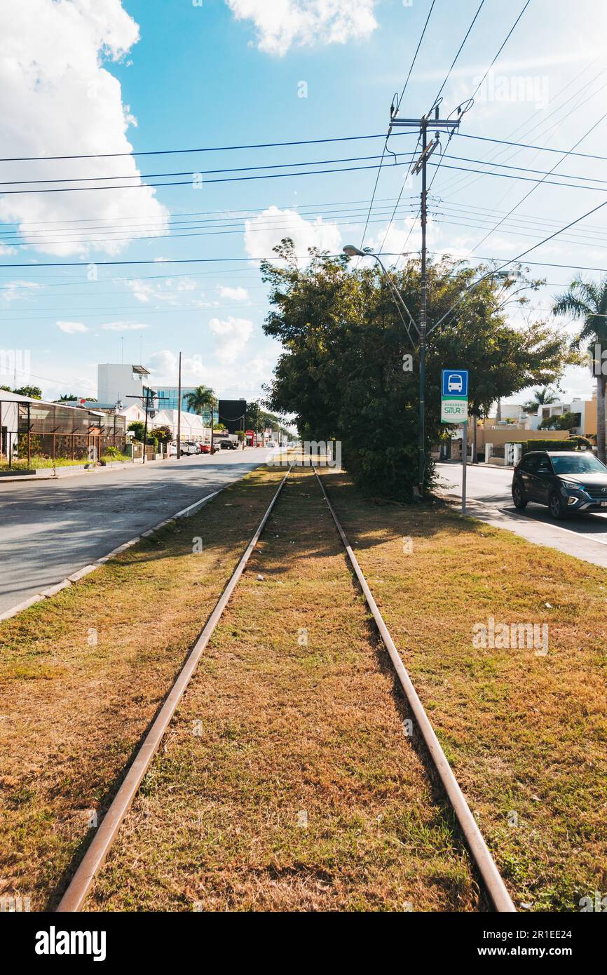 old train tracks run down a highway median strip in Merida, Mexico ...