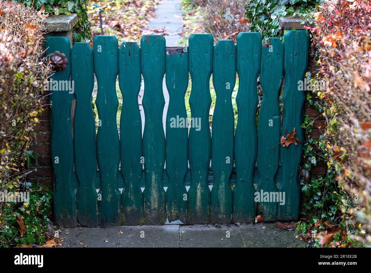 A rural garden setting featuring an old-fashioned green gate with a ...