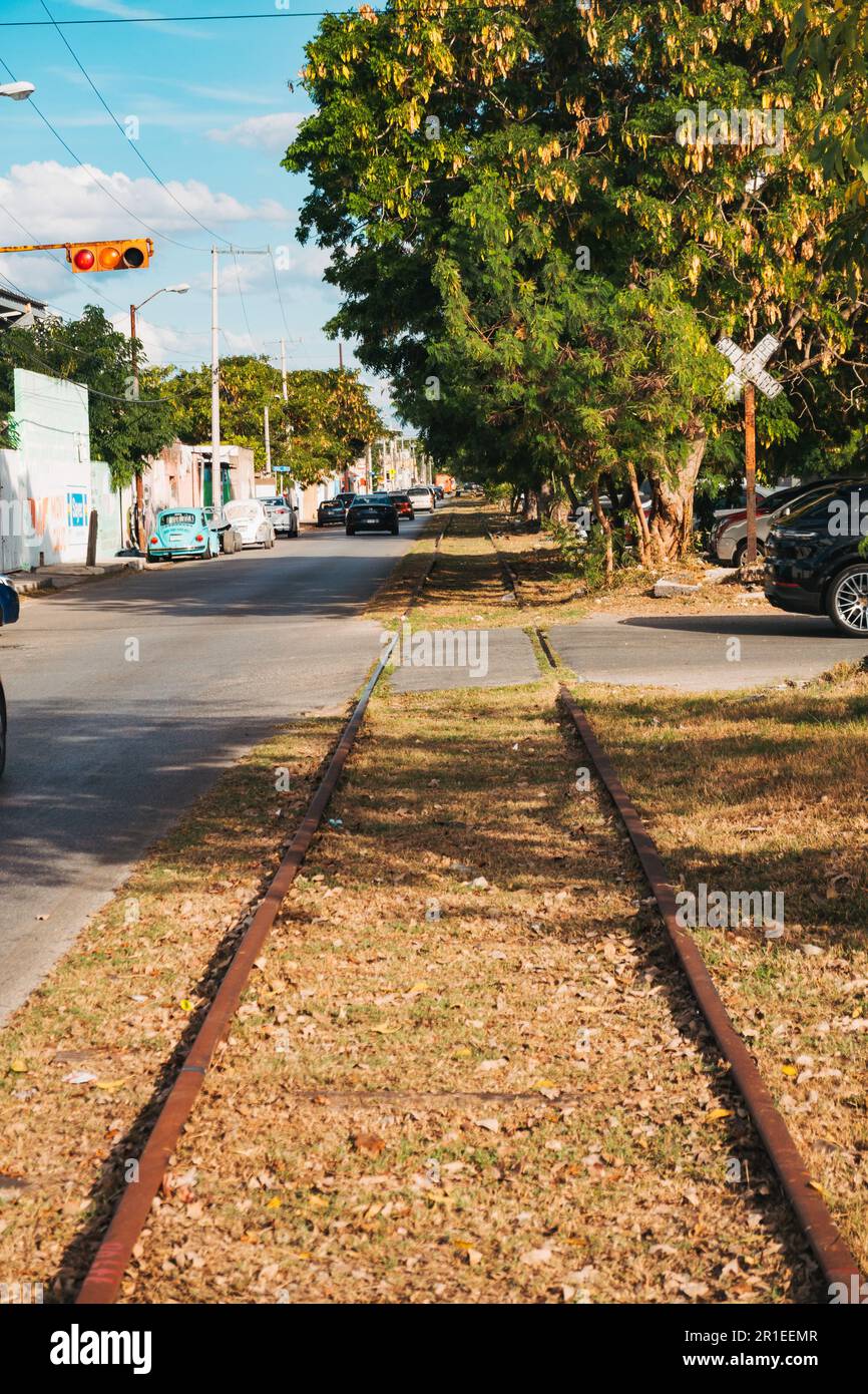 disused railway tracks on a street in Merida, Mexico. The Yucatán ...