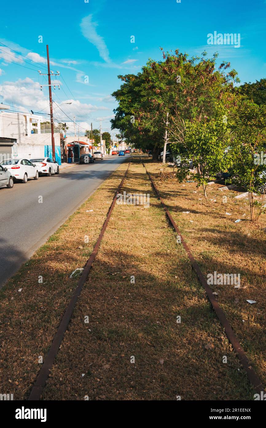 disused railway tracks on a street in Merida, Mexico. The Yucatán ...