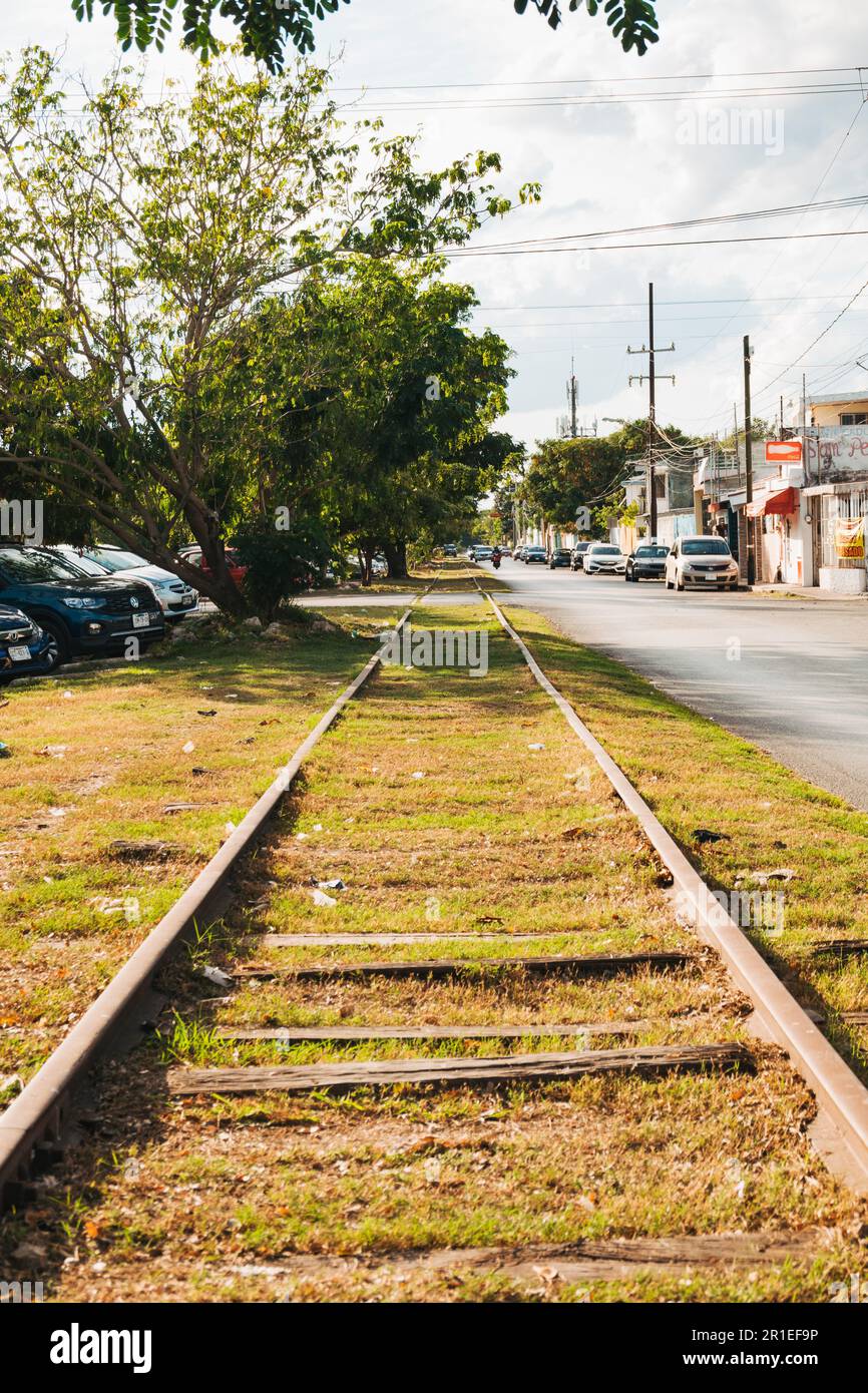 disused railway tracks on a street in Merida, Mexico. The Yucatán ...