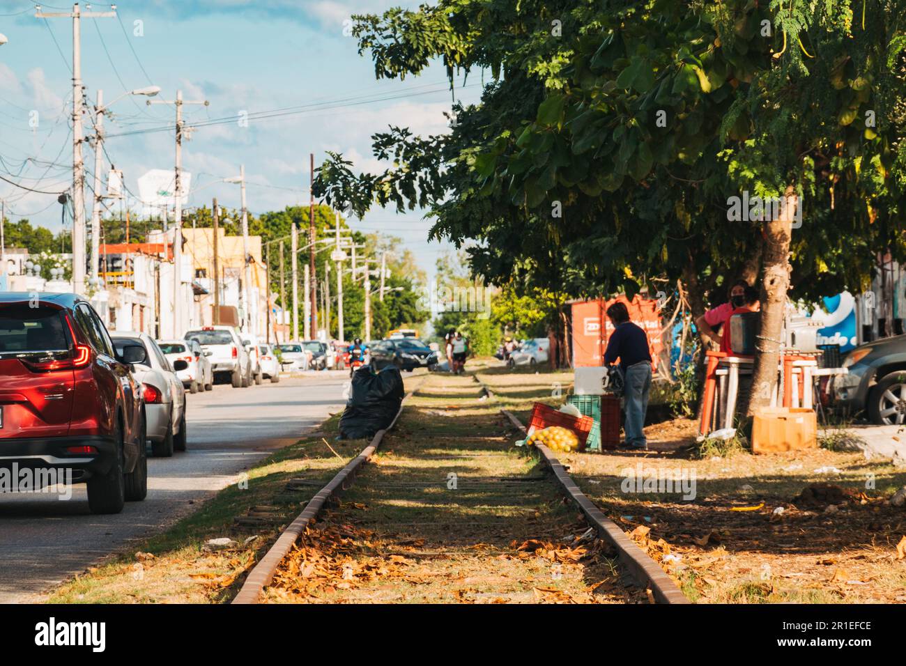 disused railway tracks on a street in Merida, Mexico. The Yucatán ...