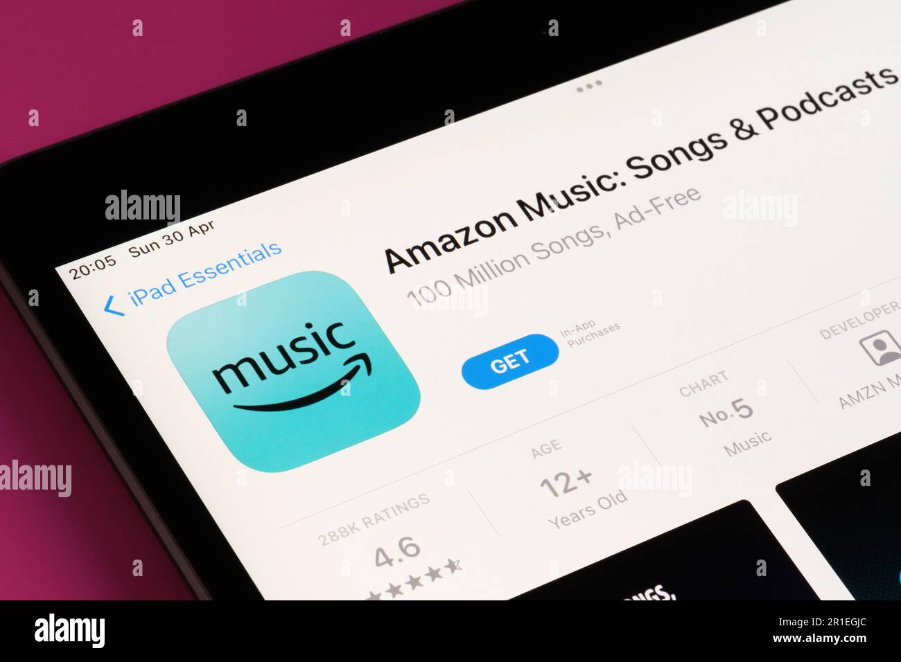 Amazon Music app seen in App Store on the screen of ipad. Selective ...