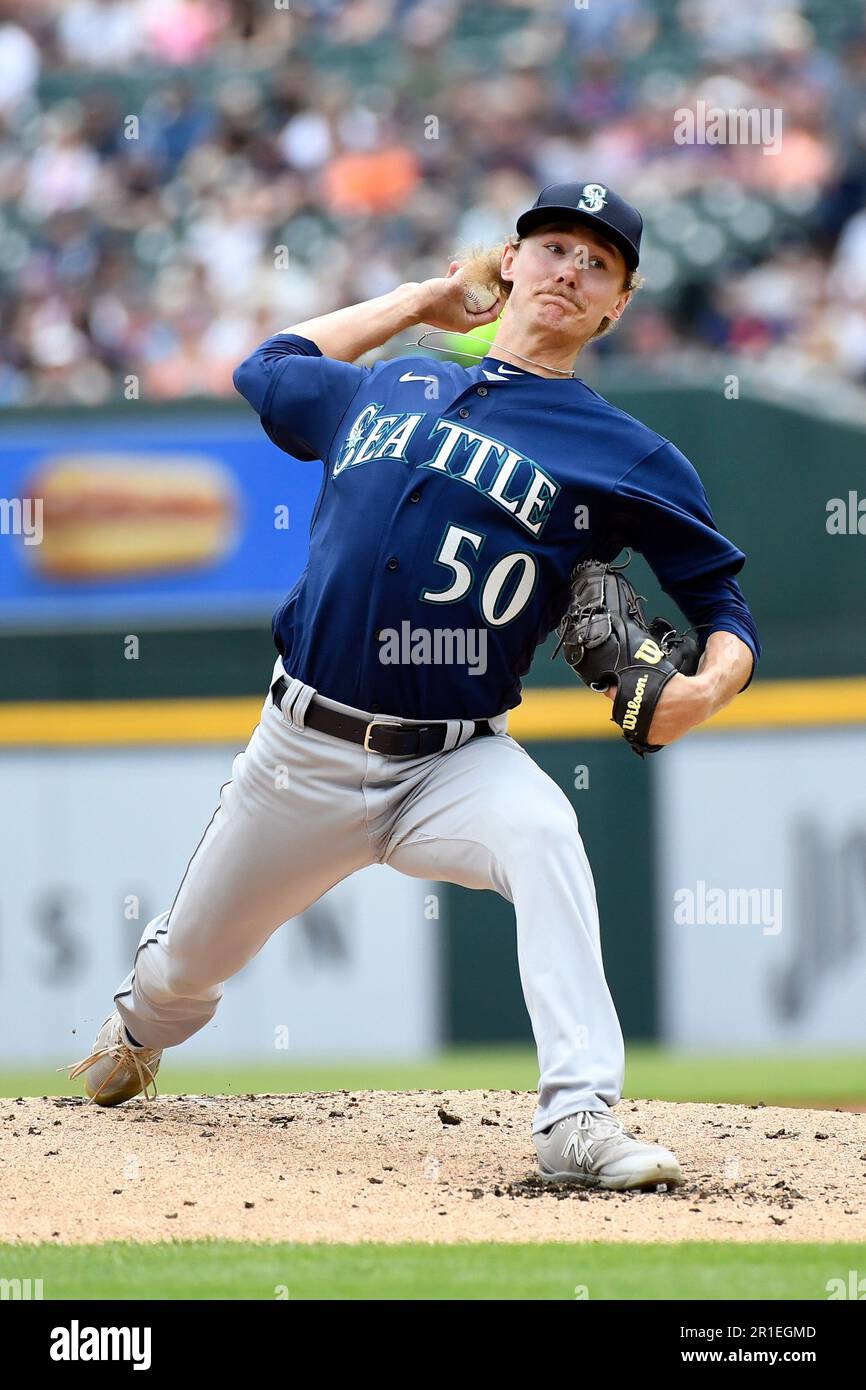 Seattle Mariners starting pitcher Bryce Miller throws against the ...