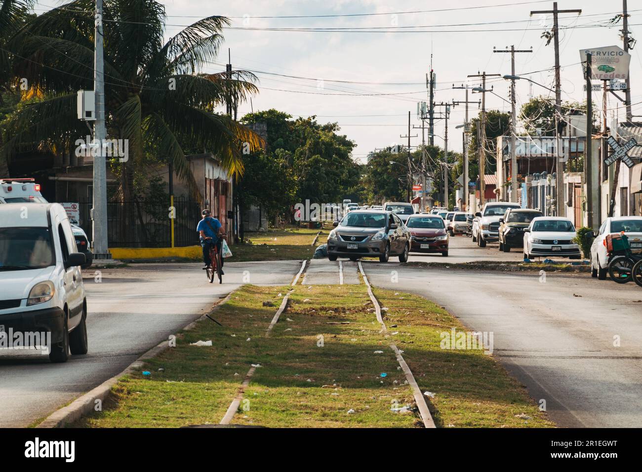 old railway tracks on a street in Merida, Mexico. The Yucatán region ...
