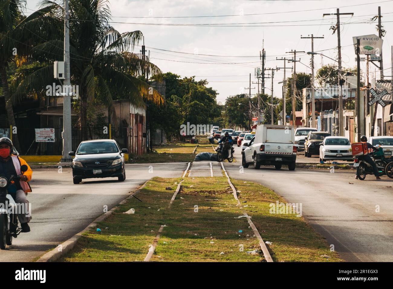 old railway tracks on a street in Merida, Mexico. The Yucatán region ...