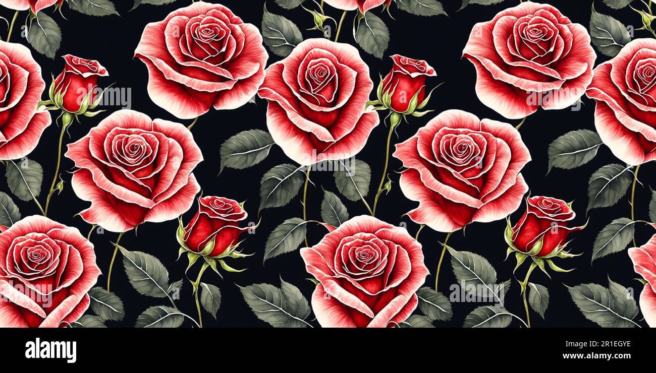 Red roses green background watercolor illustration seamless pattern Stock Photo - Alamy