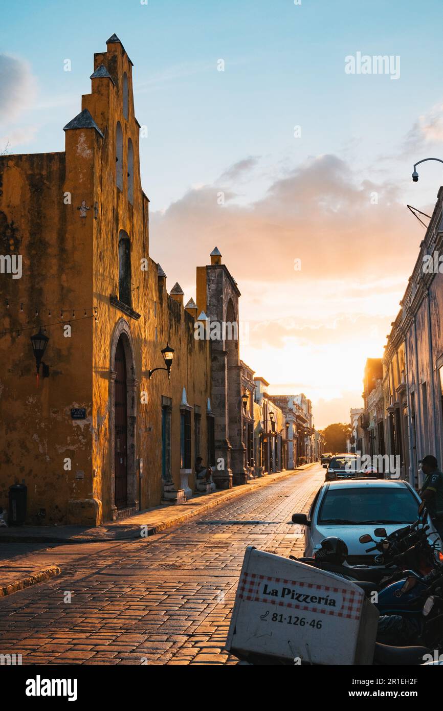 Sunset in the old town of Campeche, a Spanish colonial city in Mexico ...