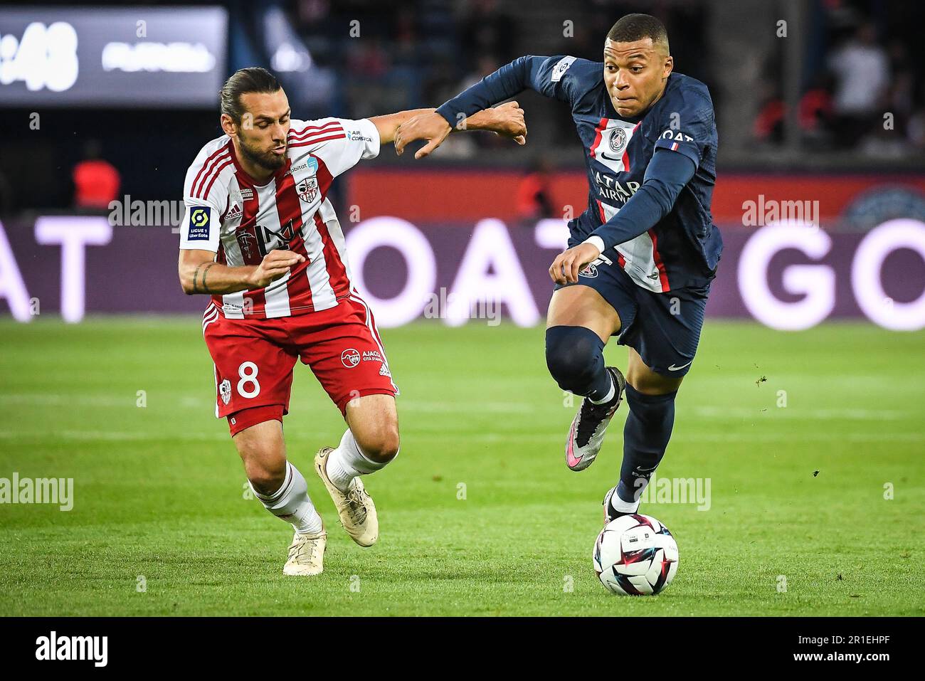 Paris, France. 13th May, 2023. Vincent MARCHETTI of Ajaccio and Kylian ...