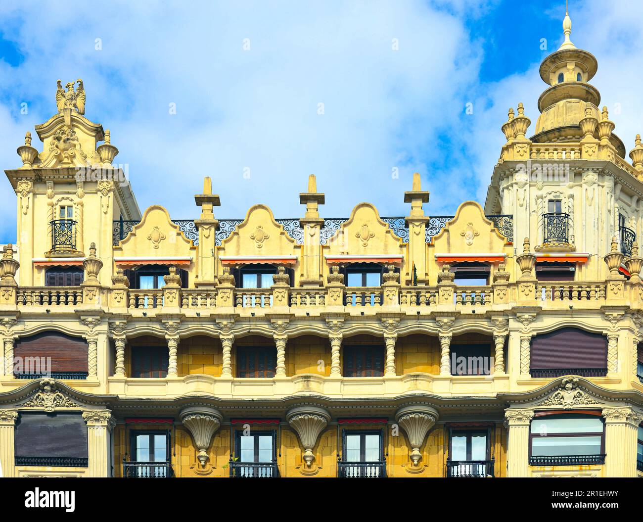 Facade of medieval buildings in the city center of San Sebastian Basque ...
