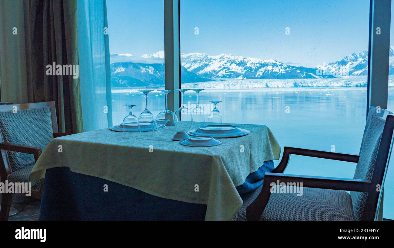 Hubbard Glacier restaurant cafe with view. Travel destination. Empty ...