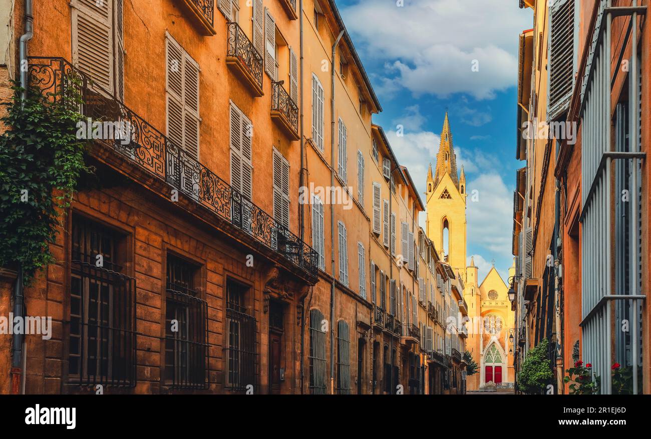 View of Provence typical city Aix en Provence with old house facade in ...