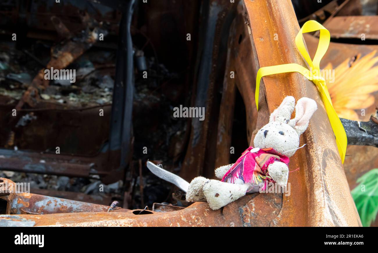 Close-up of a child's toy in ruins after a fire. A soft toy among the ...
